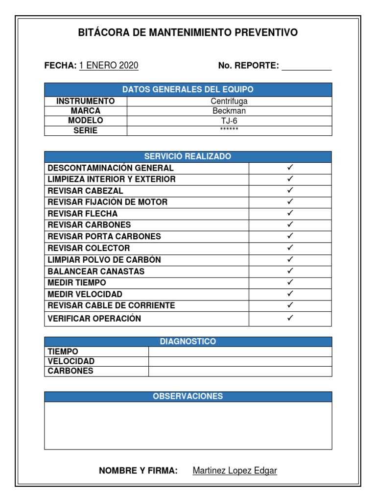 BITÁCORA DE MANTENIMIENTO PREVENTIVO centrifuga.docx | Vehículos