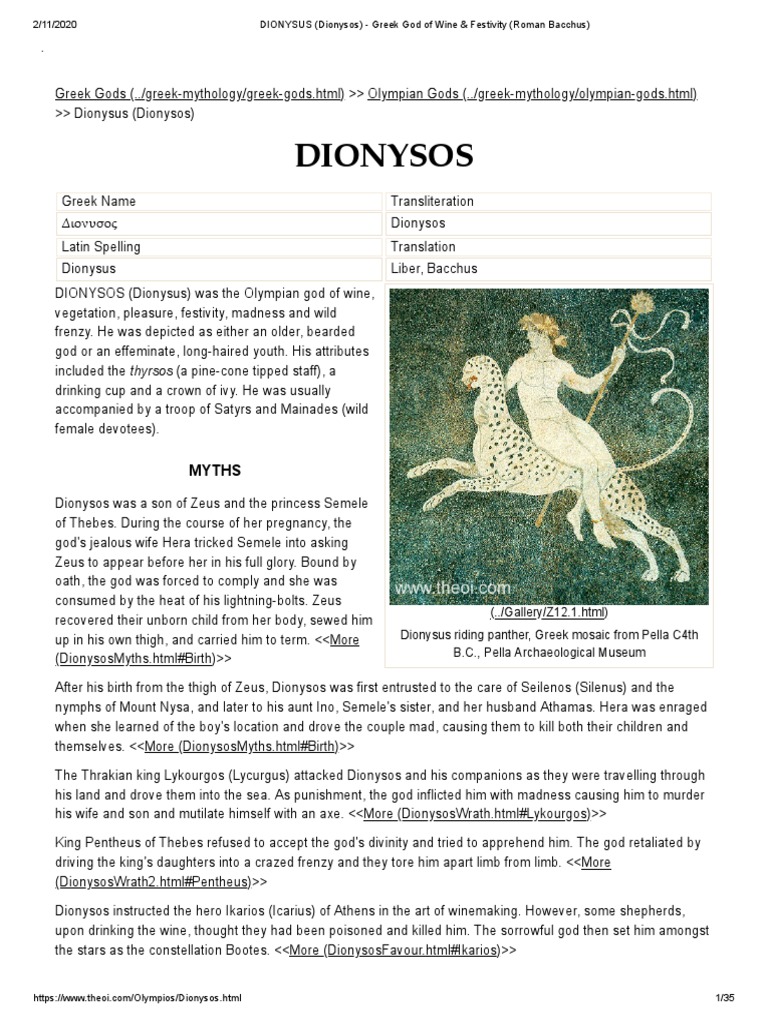 DIONYSUS (Dionysos) - Greek God of Wine & Festivity (Roman Bacchus ...