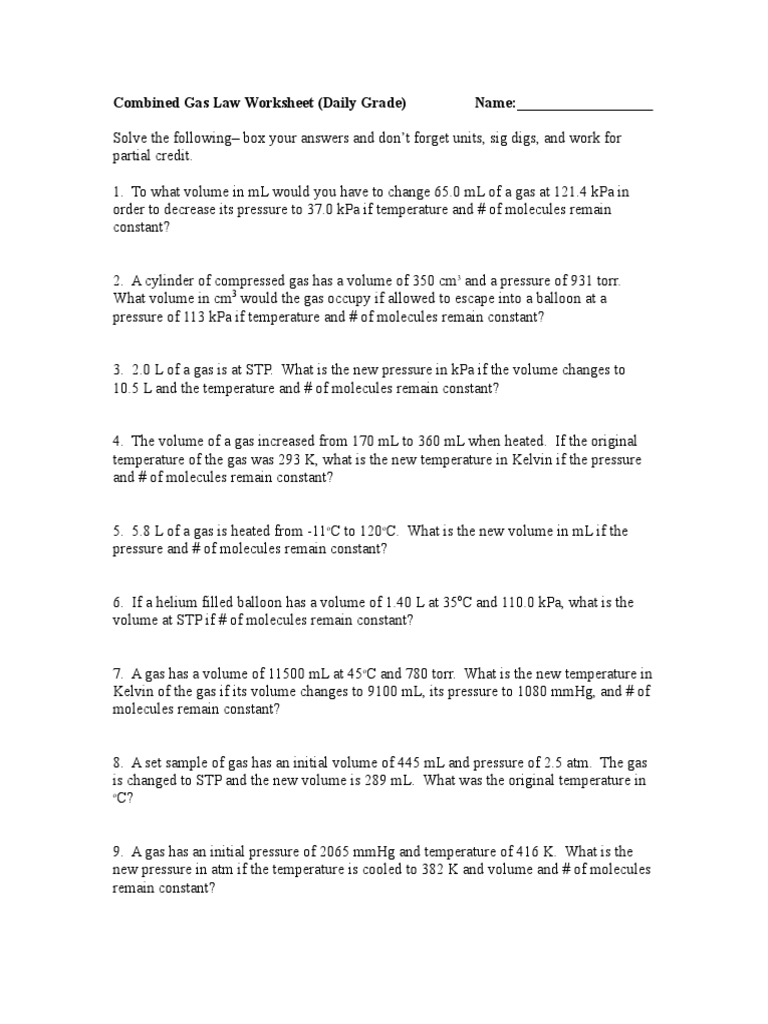 Combined Gas Law Worksheet Drill: Complete Combined Gas Law Worksheet