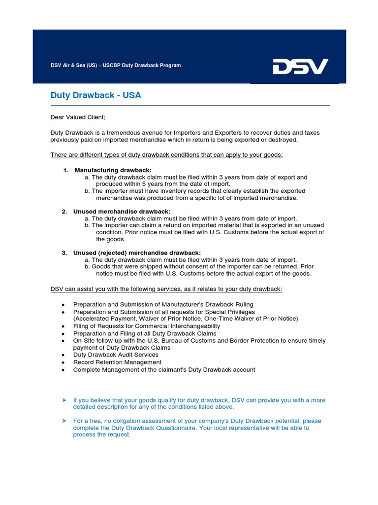 Duty Drawback Program and Questionnaire | PDF | Invoice | Customs