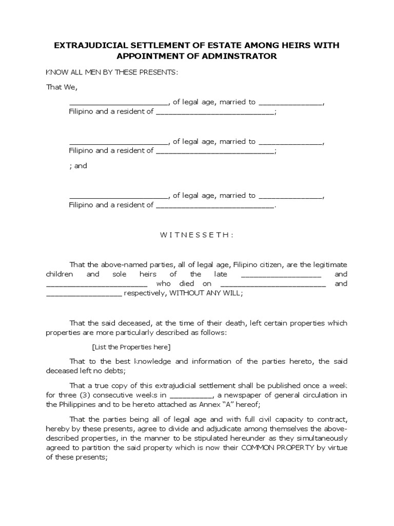 Extrajudicial Estate Settlement Agreement | PDF | Deed | Inheritance