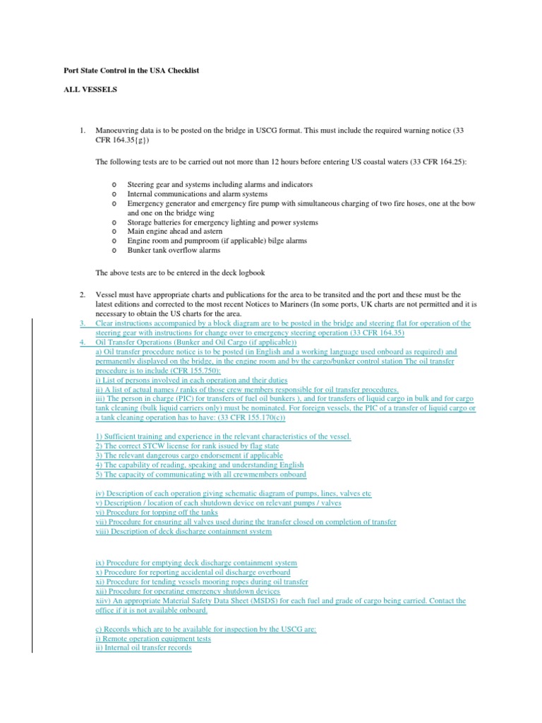 Port State Control in The USA Checklist | PDF | Water Transport | Transport