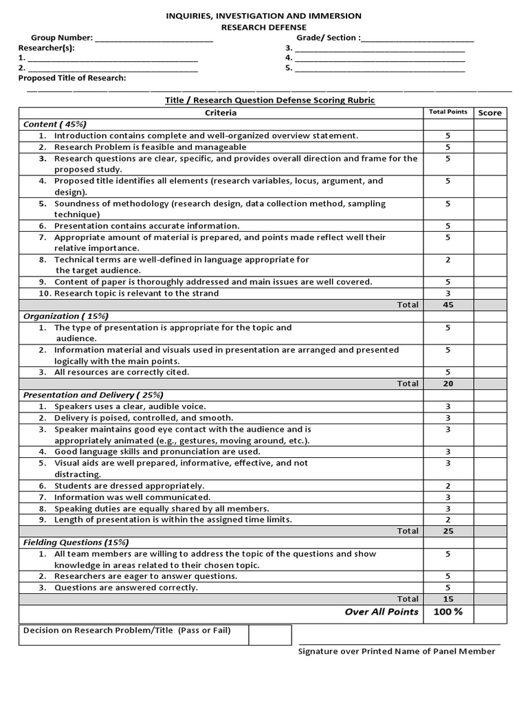 Title Defense Rubric Sample | Download Free PDF | Question | Rubric ...