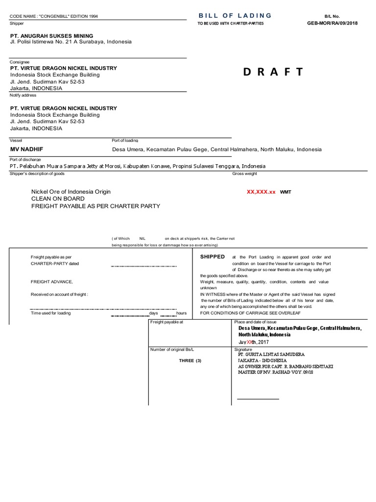 Draft BL RASHAD v. 0918 - ASM PDF | PDF | Freight Transport | Water ...
