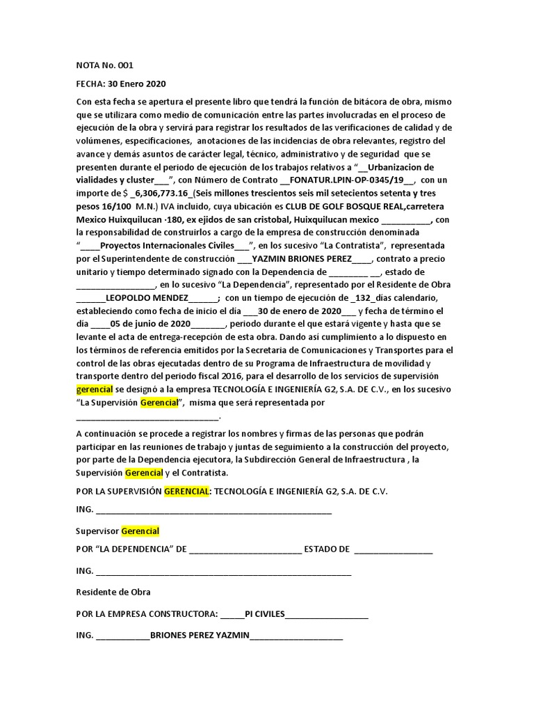 NOTA APERTURA de BITACORA DE OBRA | PDF