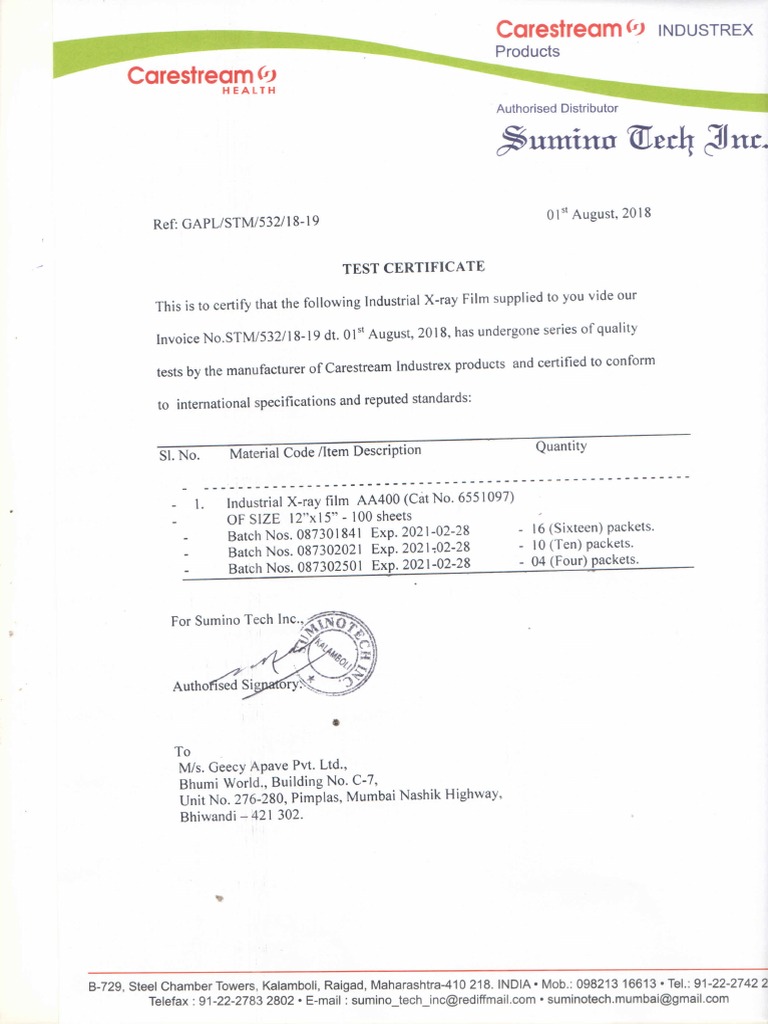 Kodak Batch Certificate | PDF