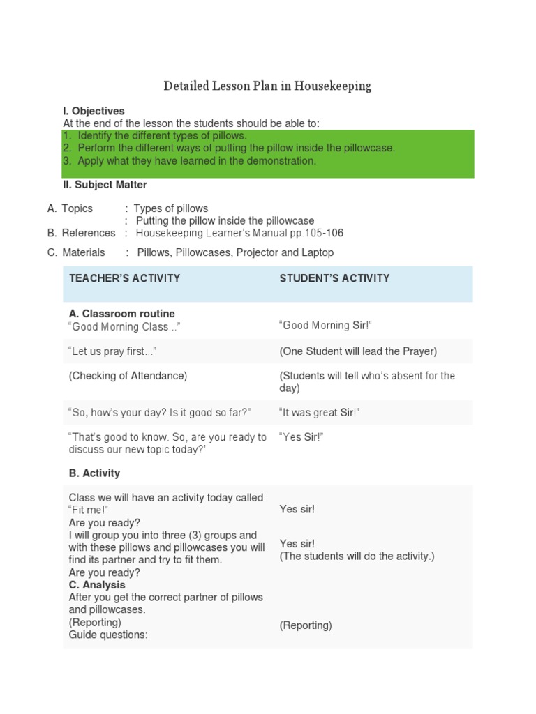 Detailed Lesson Plan in Housekeeping | PDF | Pillow | Lesson Plan