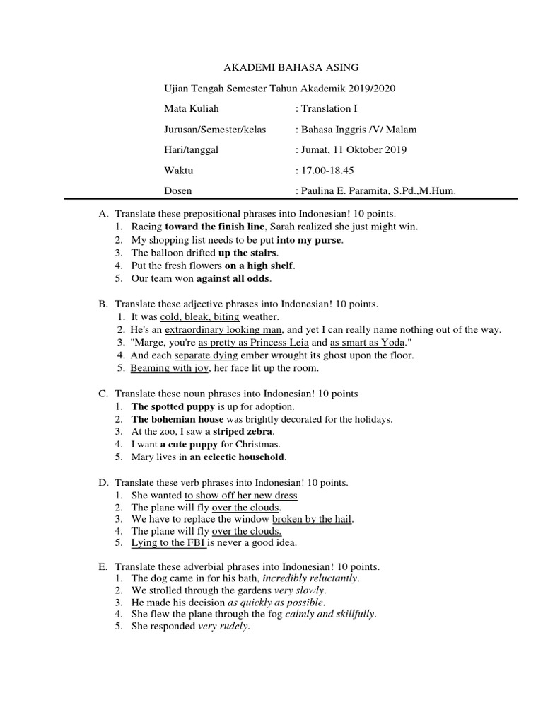 Mid Test Translation I 2019 | PDF | Morphology | Syntax