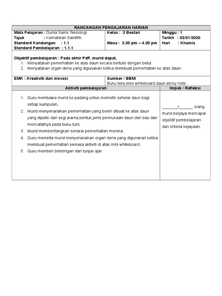 RPH Tahun 3 Memerhati | PDF