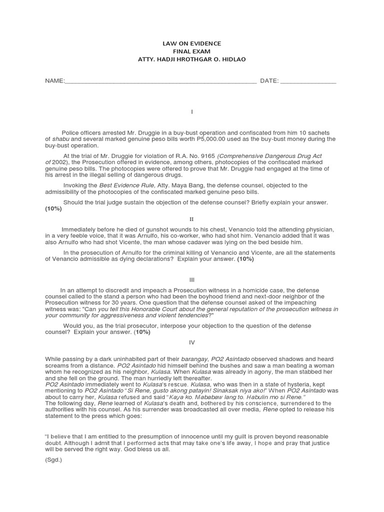 Evidence Final Exam | PDF | Search Warrant | Witness