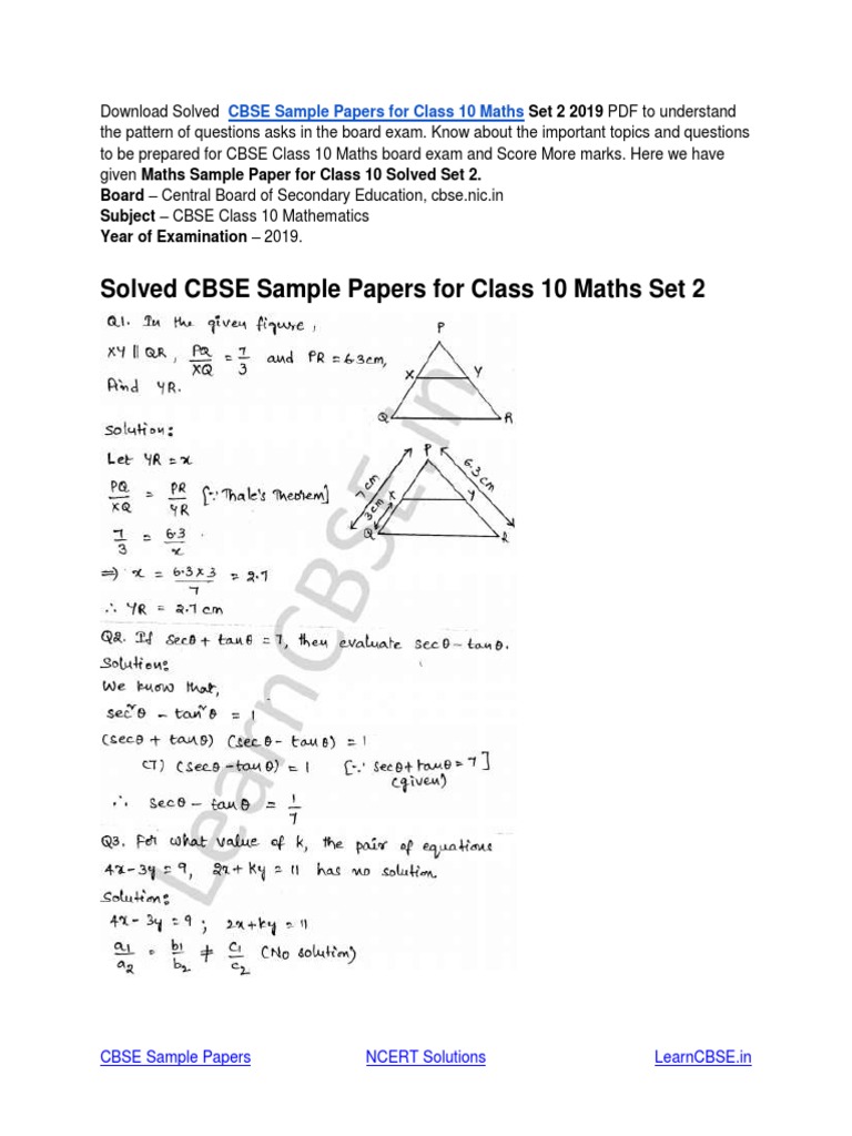 CBSE Sample Papers For Classs 10 Maths Paper 2 | PDF | Area | Equations