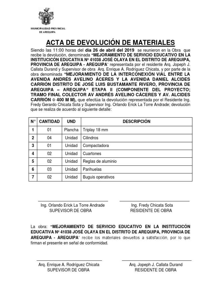 Acta de Devolucion Jose Olaya 01 | PDF