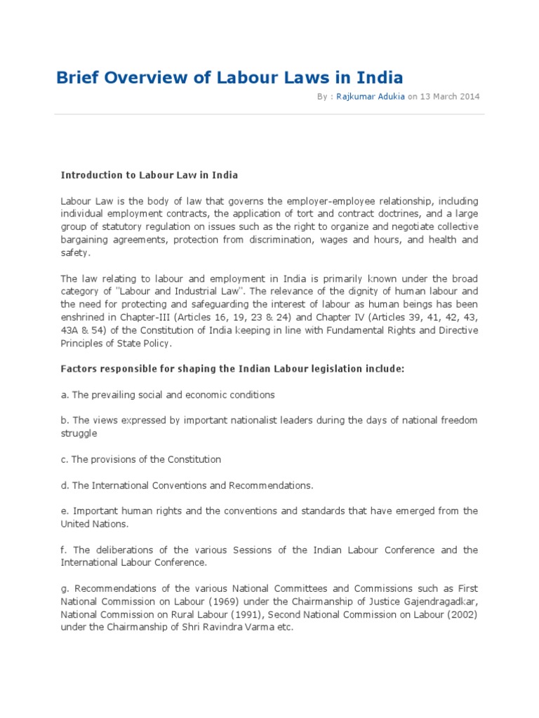 Brief Overview of Labour Laws in India | PDF | International Labour ...