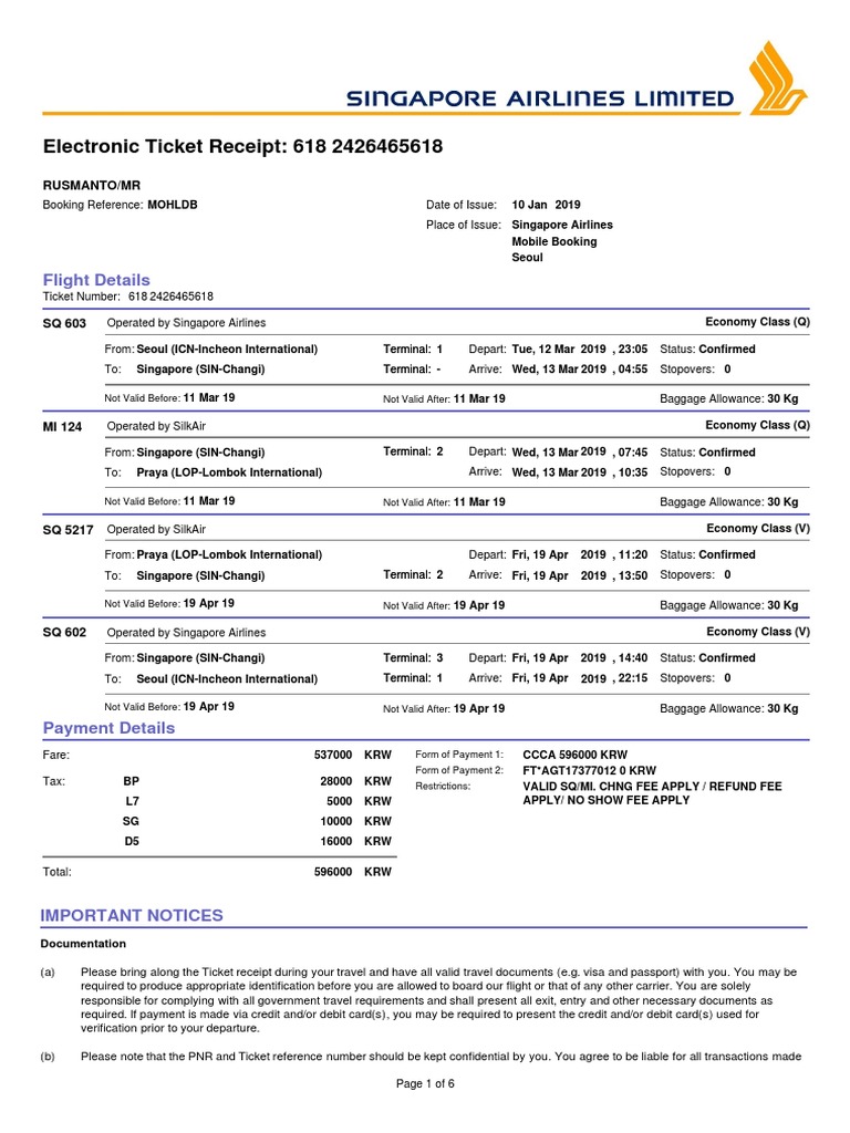 SIA E Ticket 618 2426465618 1 PDF | PDF | Baggage | Airlines