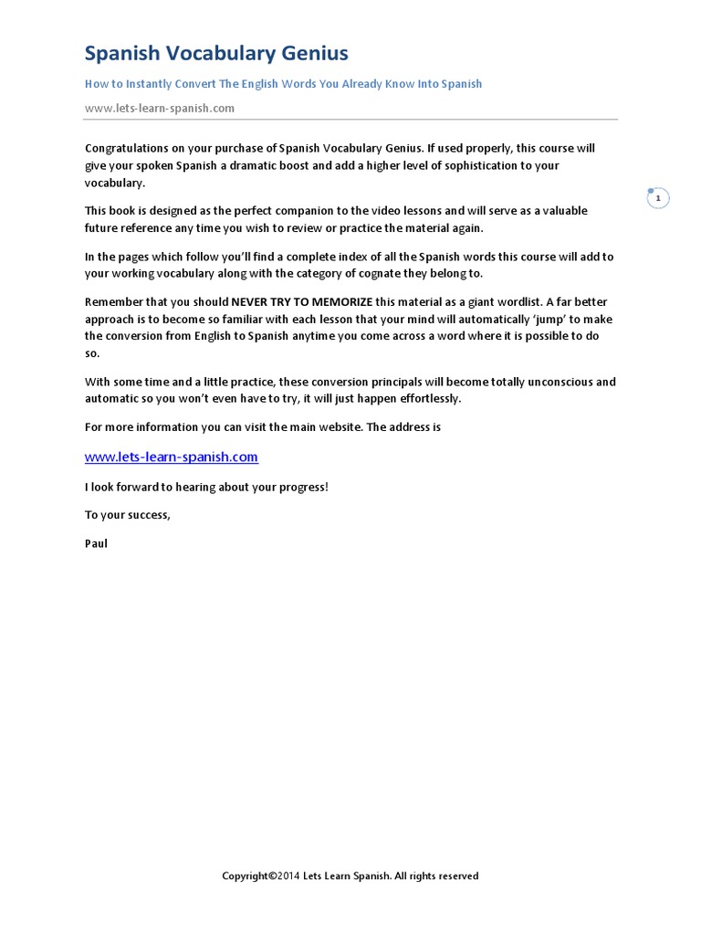 Spanish Vocabulary Genius Book1111 PDF | PDF | Vocabulary