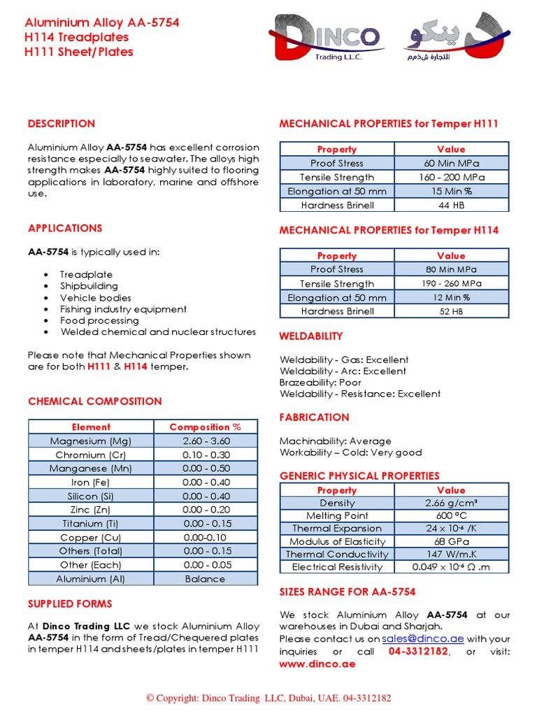 Aluminium Alloy 5754 Data Sheet | PDF | Alloy | Titanium