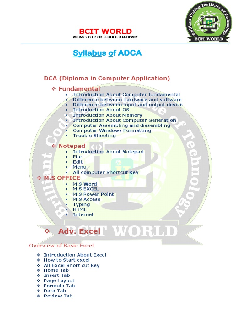 ADCA Syllabus of BCIT WORLD | PDF | Value Added Tax | Payroll