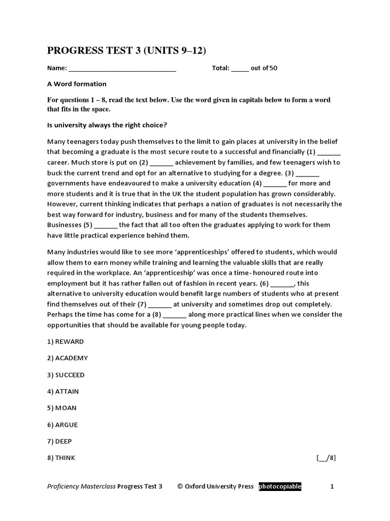 Proficiency Masterclass Progress Test 3 | PDF | Apprenticeship | Taxicab