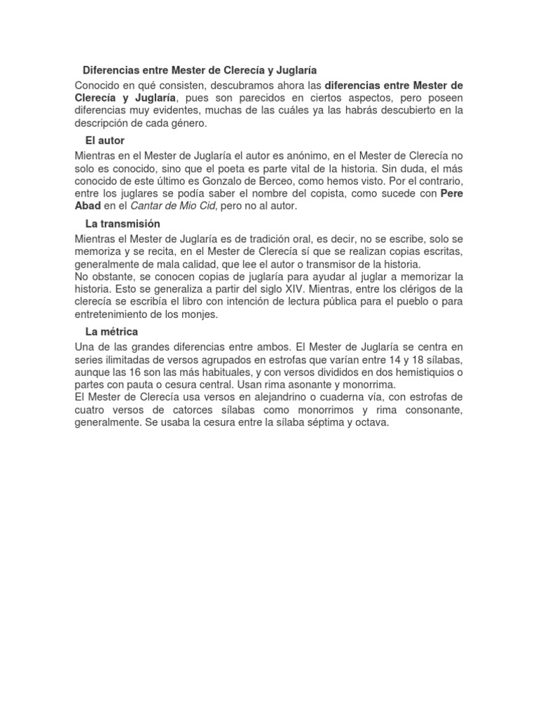 Diferencias Entre Mester de Clerecía y Juglaría | PDF | Literatura ...