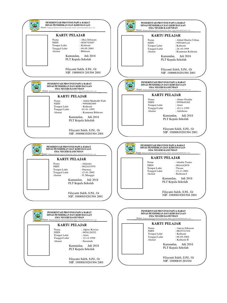 Contoh Kartu Siswa | PDF