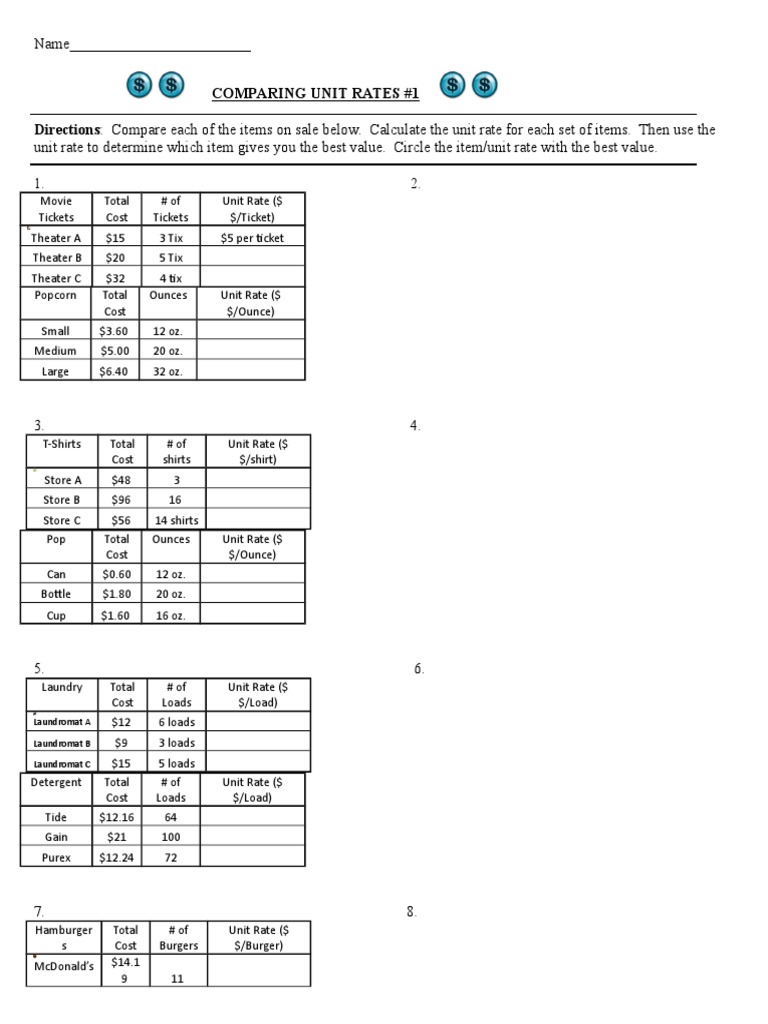 Unit Rates Worksheet 1 Answers Unit Rate Math Math Steps, Examples