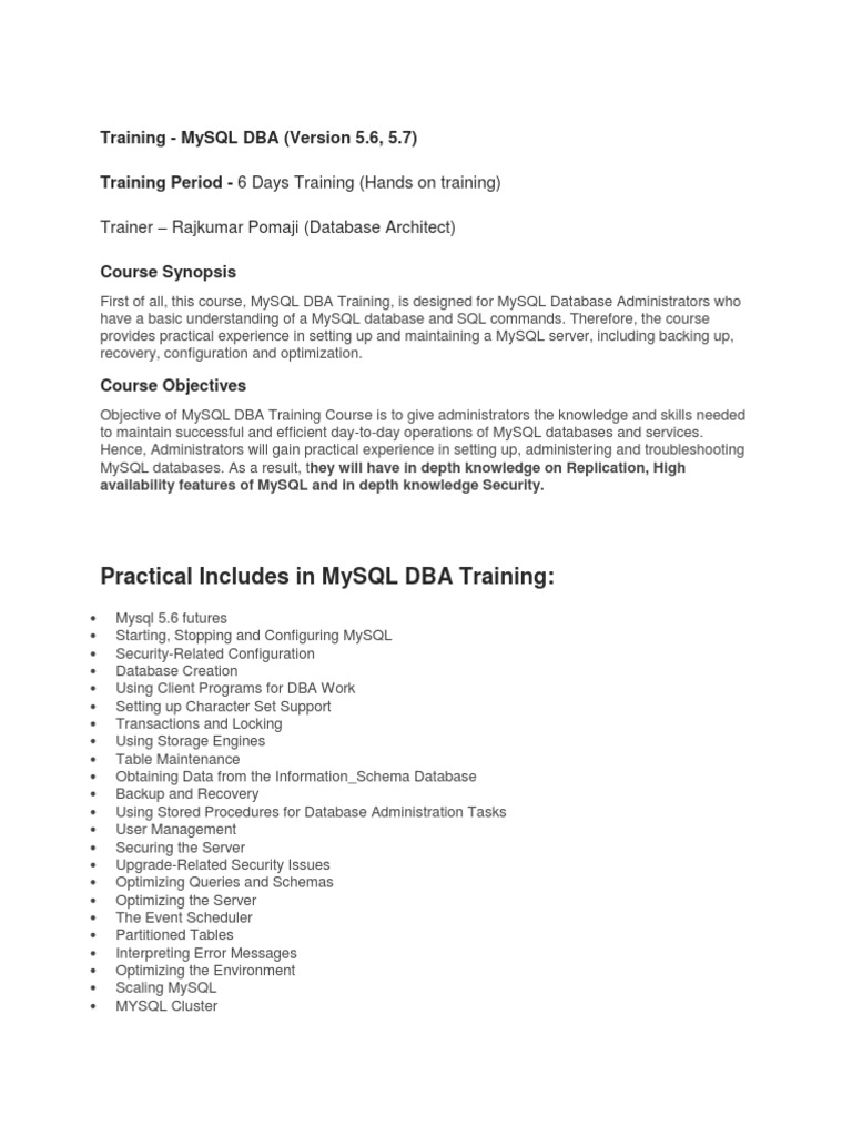 MySQL DBA Training Course Guide | PDF | Databases | My Sql