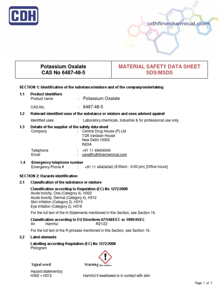 Potassium Oxalate MSDS | PDF | Toxicity | Personal Protective Equipment