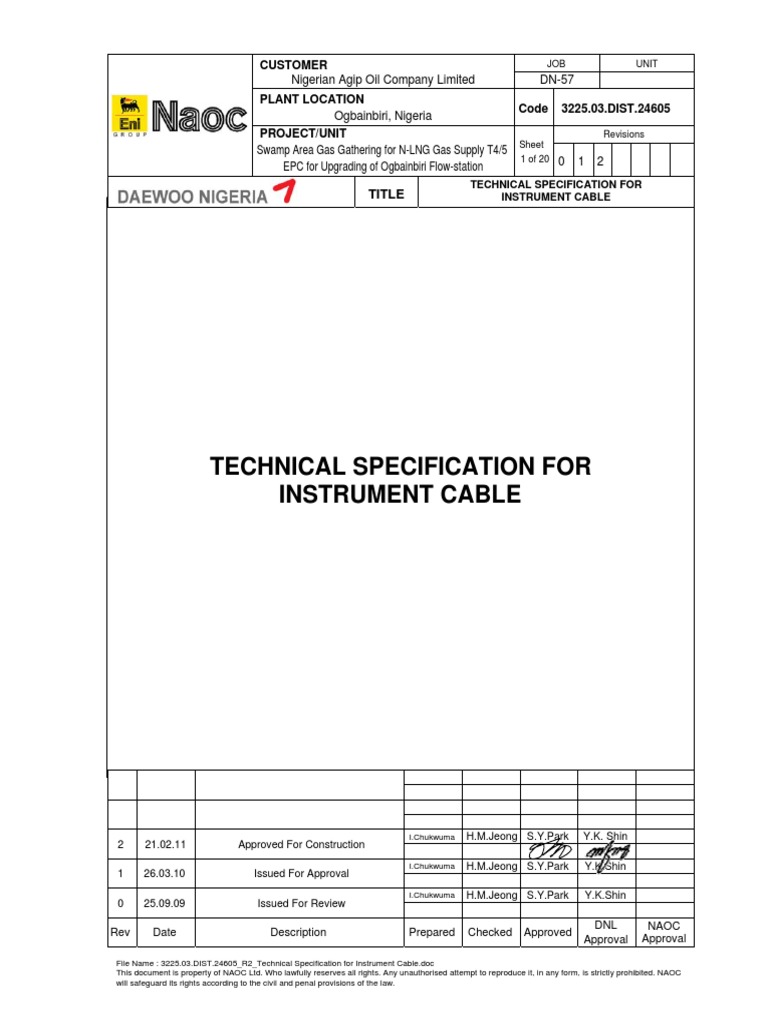 Instrument Cable Specs for Ogbainbiri | PDF | Specification (Technical ...