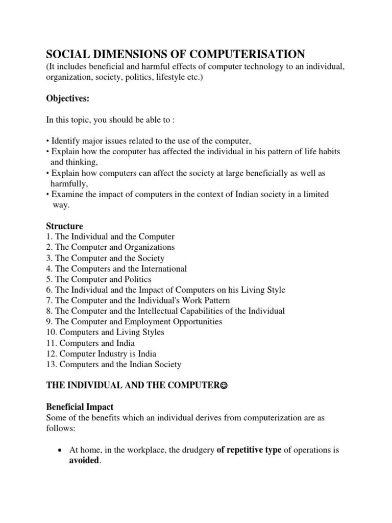 Social Dimensions of Computerisation | PDF | Society | Employment