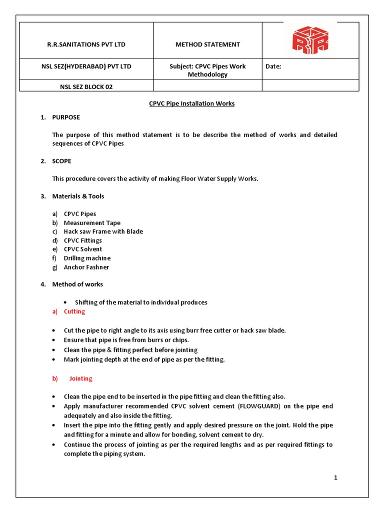 CPVC Method Statement | PDF | Pipe (Fluid Conveyance) | Drilling