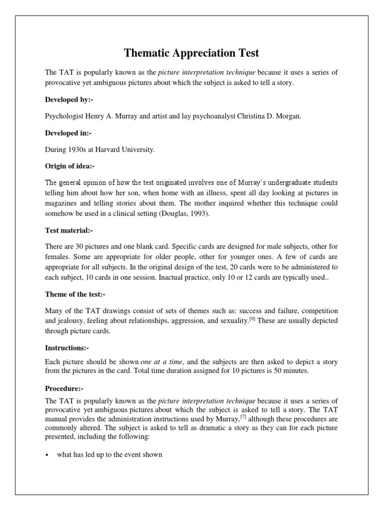Thematic Appreciation Test | PDF | Psychology | Behavioural Sciences