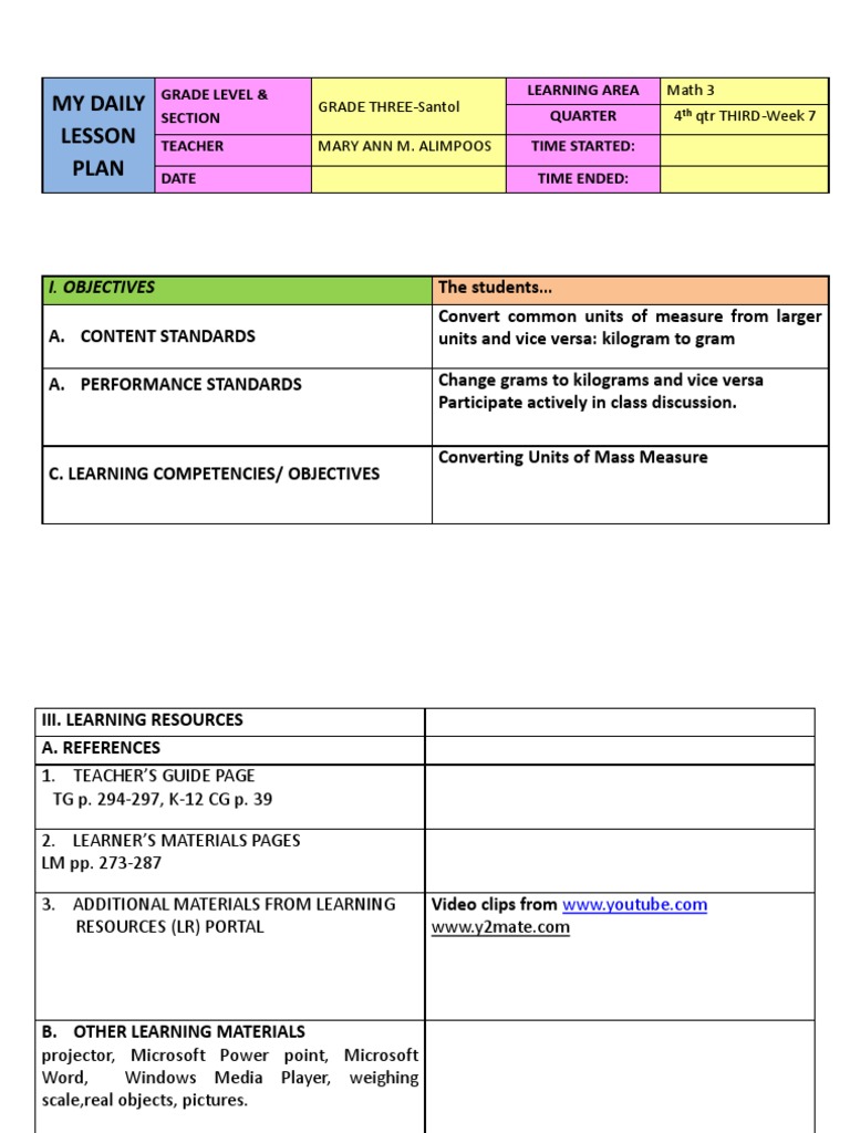 Lesson Plan: Converting Units of Mass from Kilograms to Grams and Vice ...