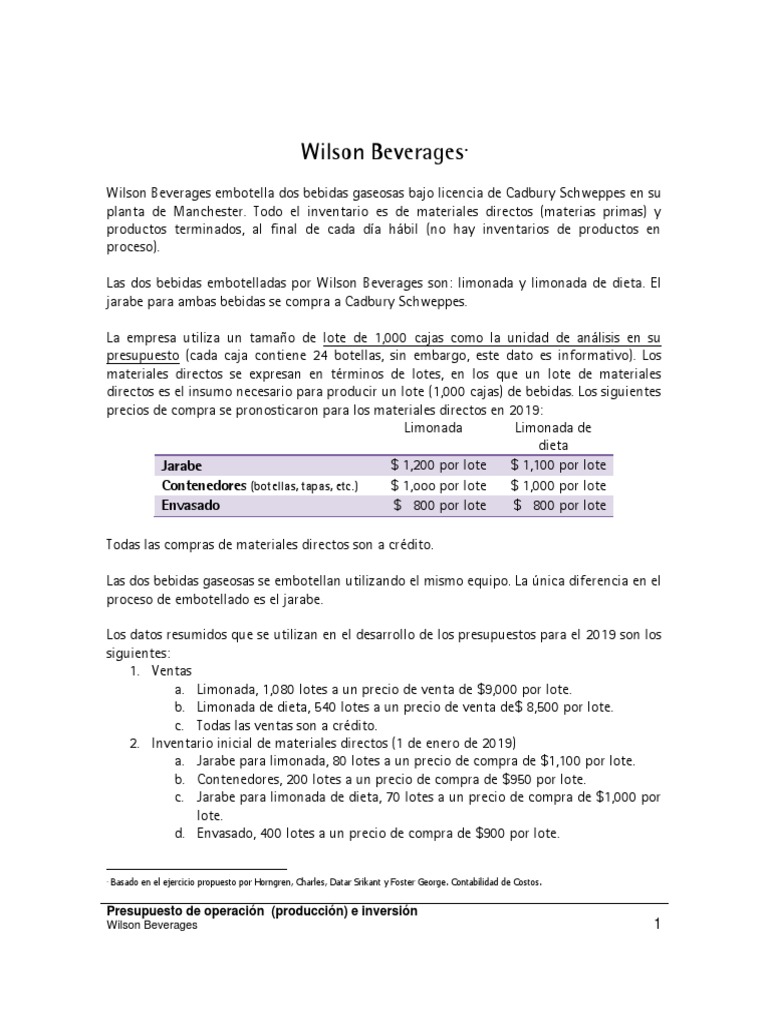 Producción, Operación, Inversión - Wilson Beverages | PDF | Costo ...