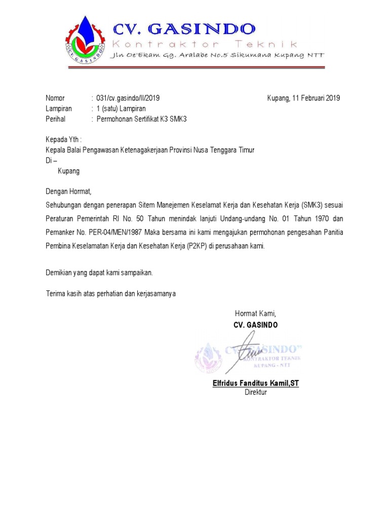 Contoh Permohonan K3 SMK3 | PDF