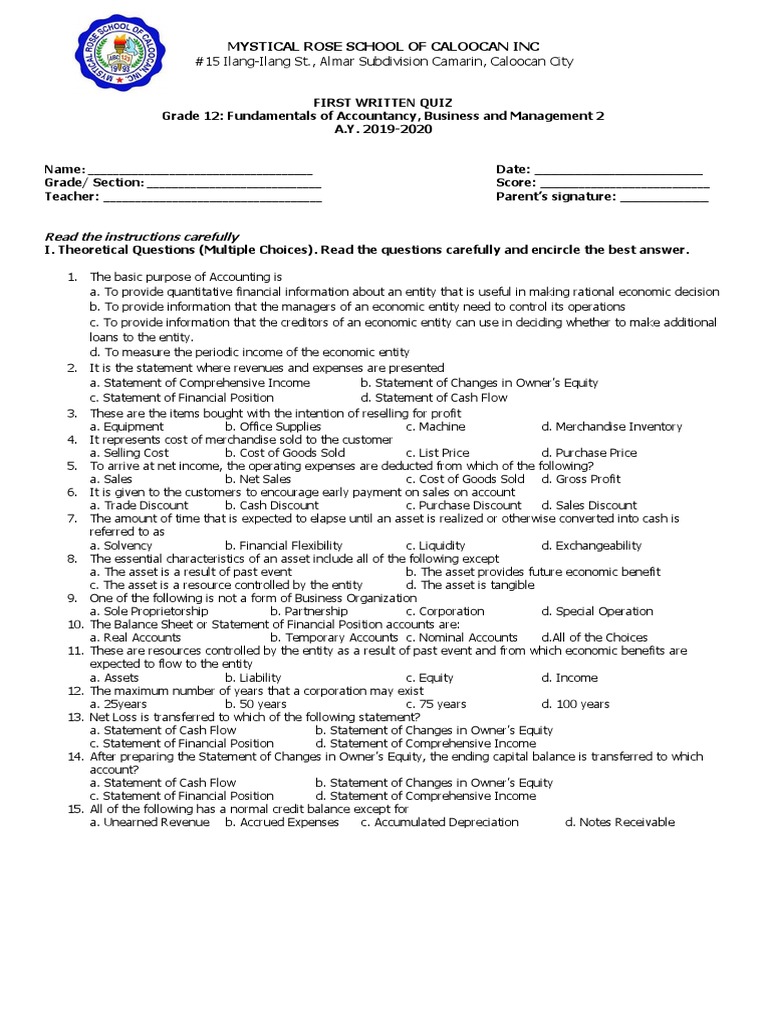 FABM 2 Exam | PDF | Balance Sheet | Equity (Finance)