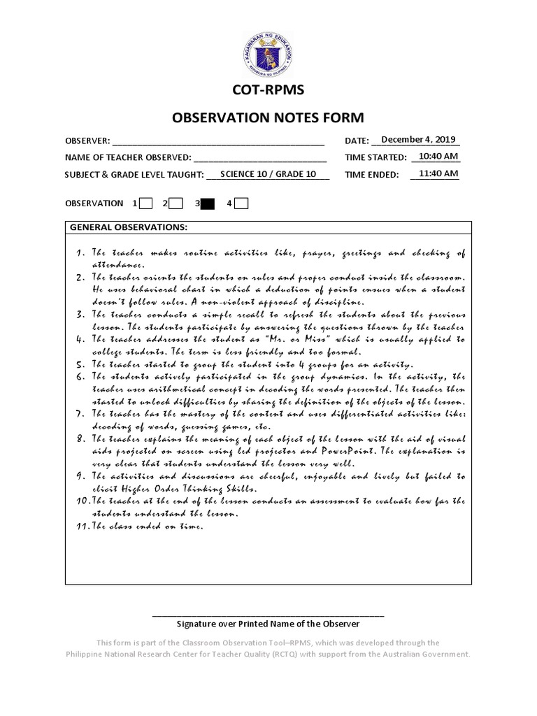 Observation Notes On COT | PDF