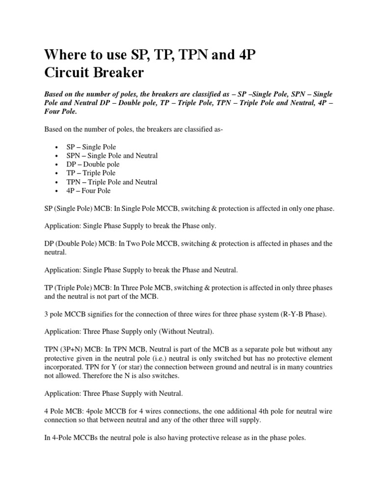 When to use SP, TP, TPN and 4P Circuit Breakers: A Guide to Selecting ...