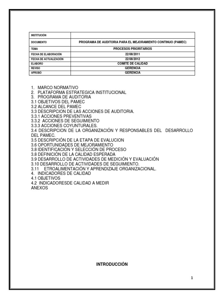 Ejemplo Pamec | PDF | Calidad (comercial) | Evaluación