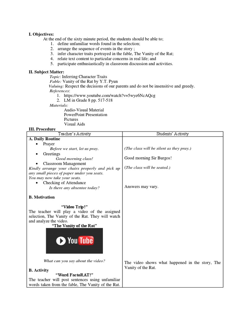 Lesson Plan-Inferring Character Traits | PDF | Psychological Concepts