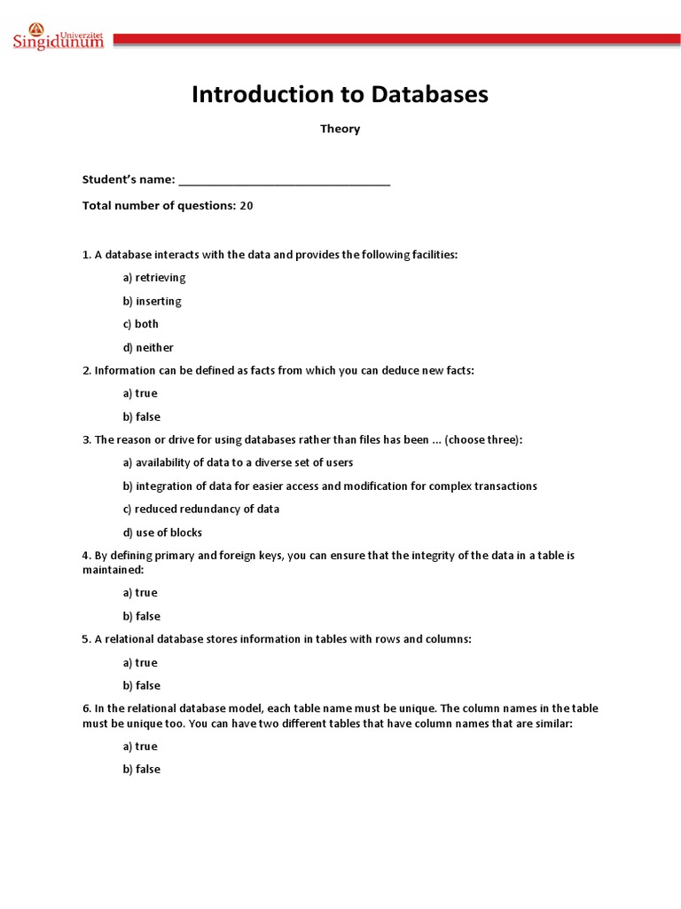 Databases MidTerm Exam 1 - Questions | PDF | Databases | Relational Database