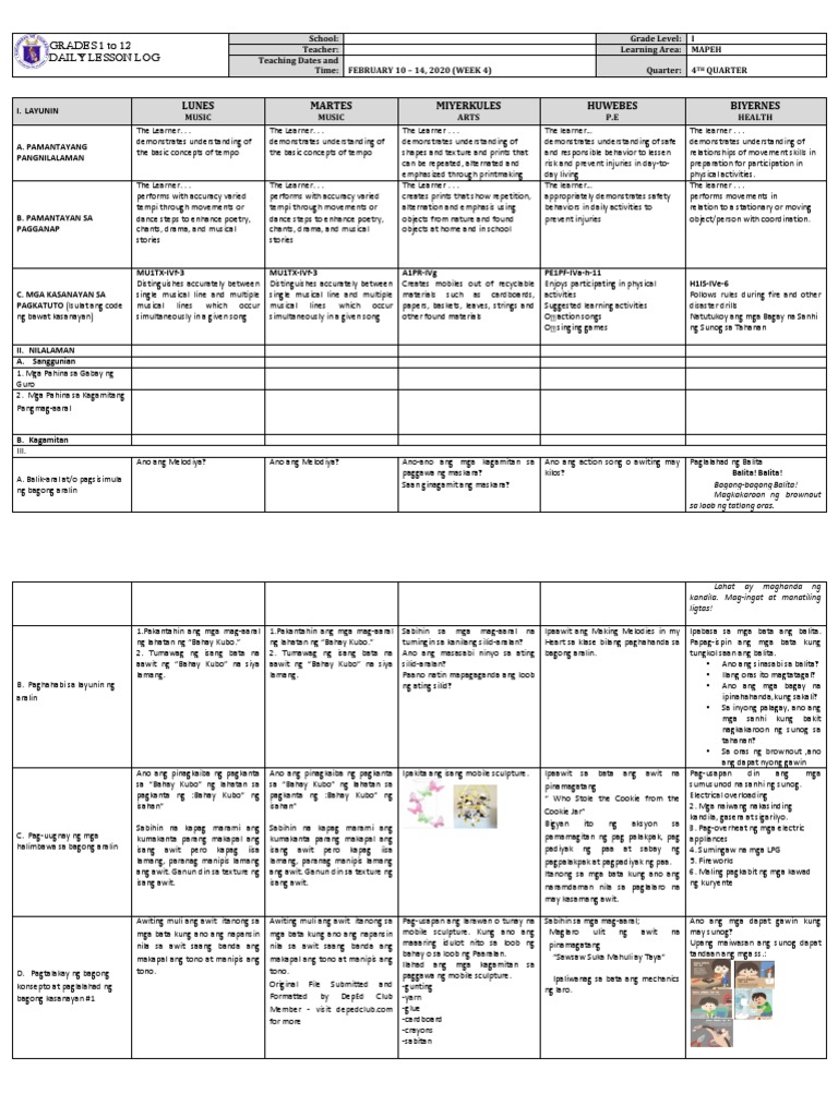 DLL - Mapeh 1 - Q4 - W4 | PDF | Learning