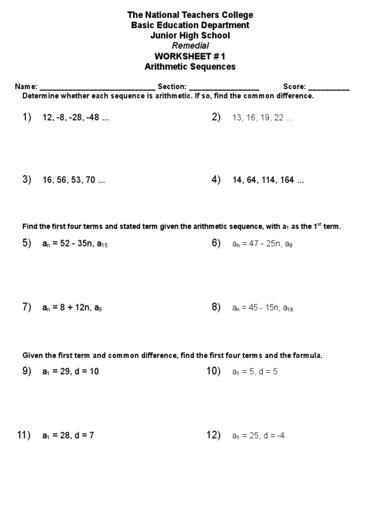 Arithmetic Sequence Worksheet | PDF | Mathematical Logic | Teaching ...