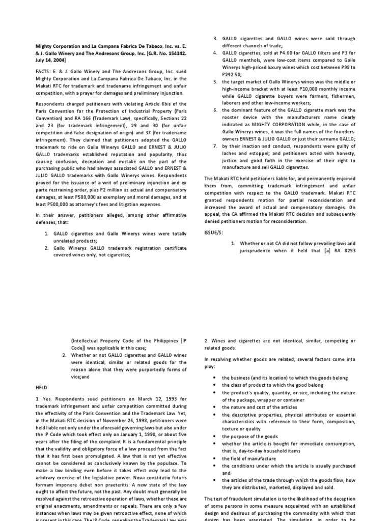 Trademark Dispute: Gallo Wines vs. Gallo Cigarettes | PDF | Trademark ...