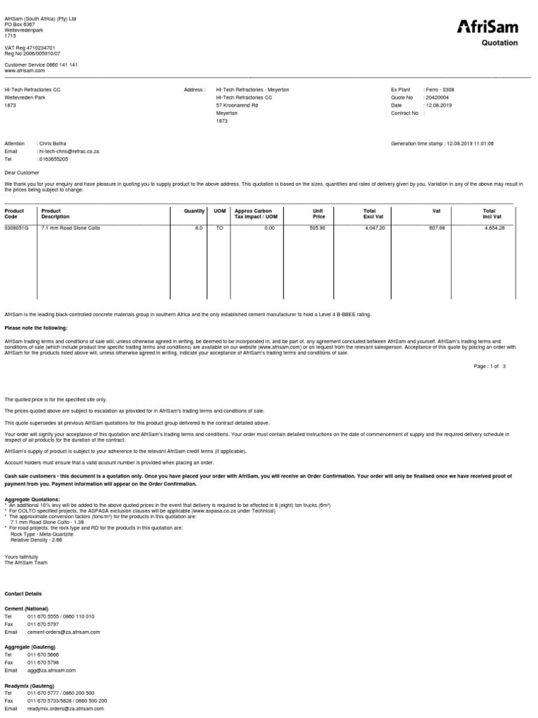 Quotation from AfriSam (South Africa) (Pty) Ltd for the supply of 7.1 ...