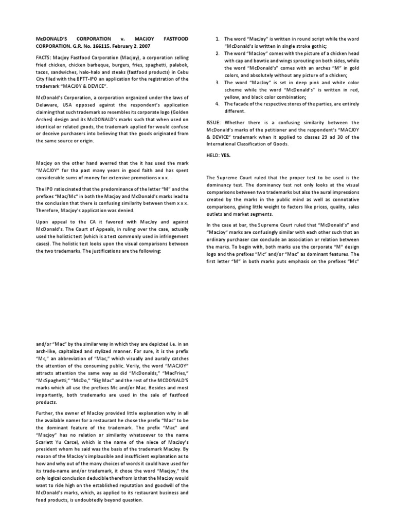 Mcdo Case | PDF | Trademark | Mc Donald's