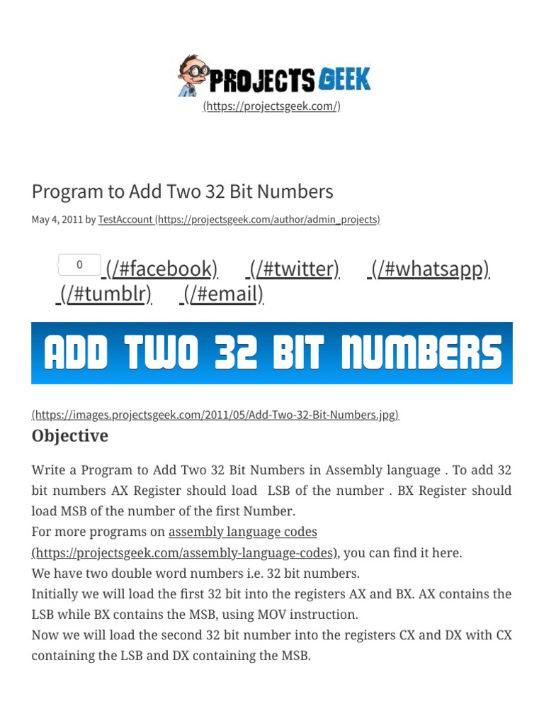 Program To Add Two 32 Bit Numbers - ProjectsGeek | PDF | Assembly ...