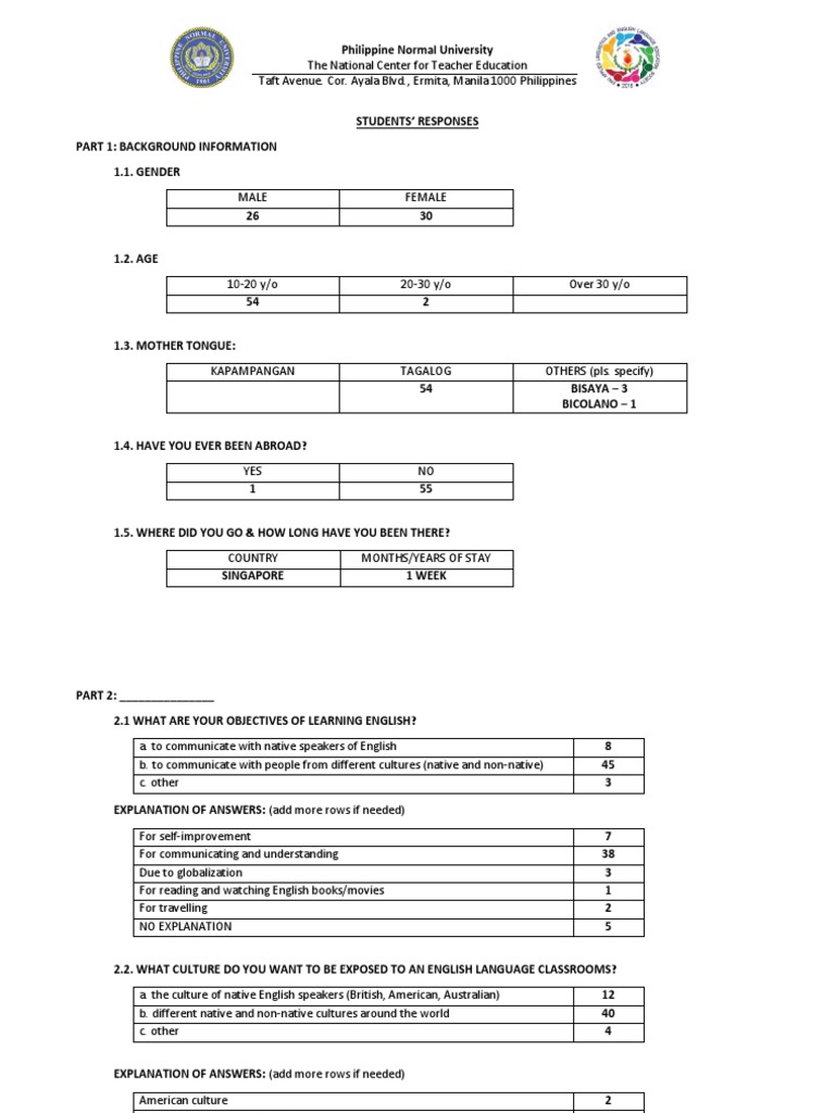 Tabulation For Student Responses | Download Free PDF | Accent ...