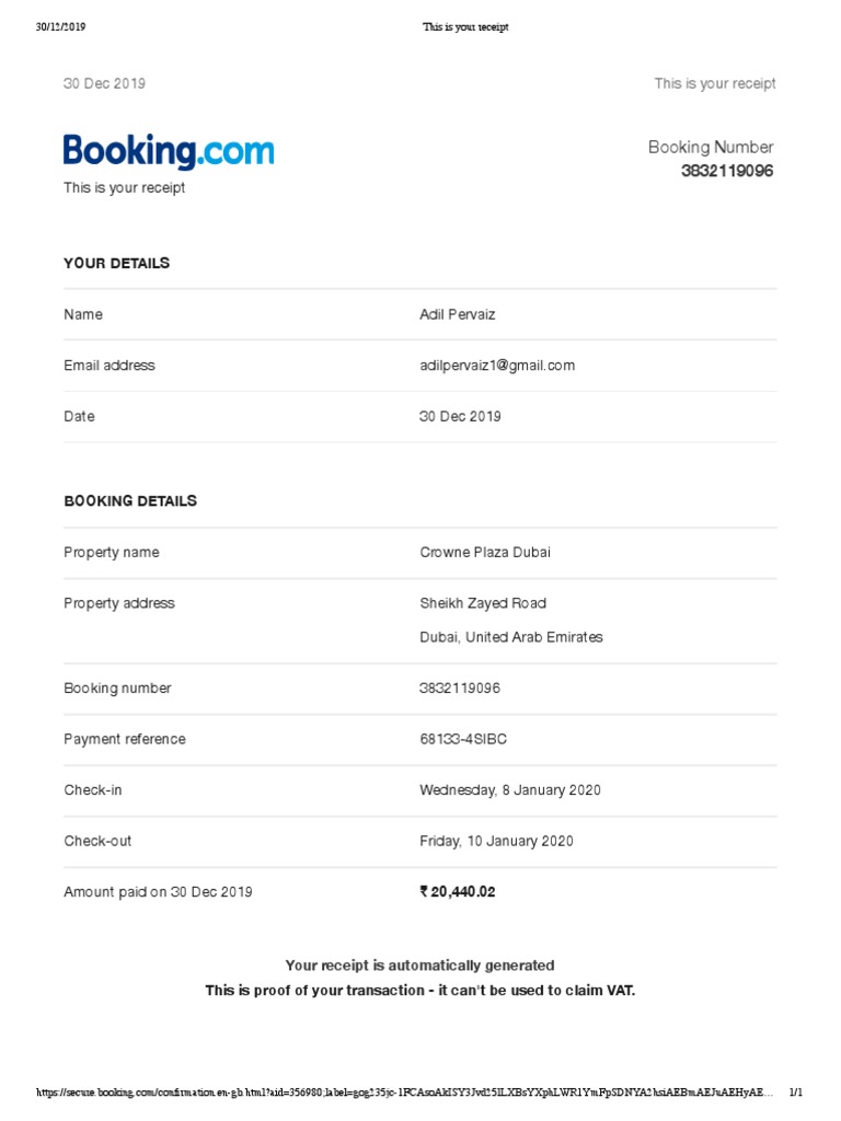 Booking Receipt for Crowne Plaza Dubai | PDF