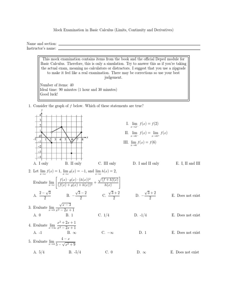 Prelims 3rd QTR Basic Calculus Examination | PDF | Mathematical Objects ...