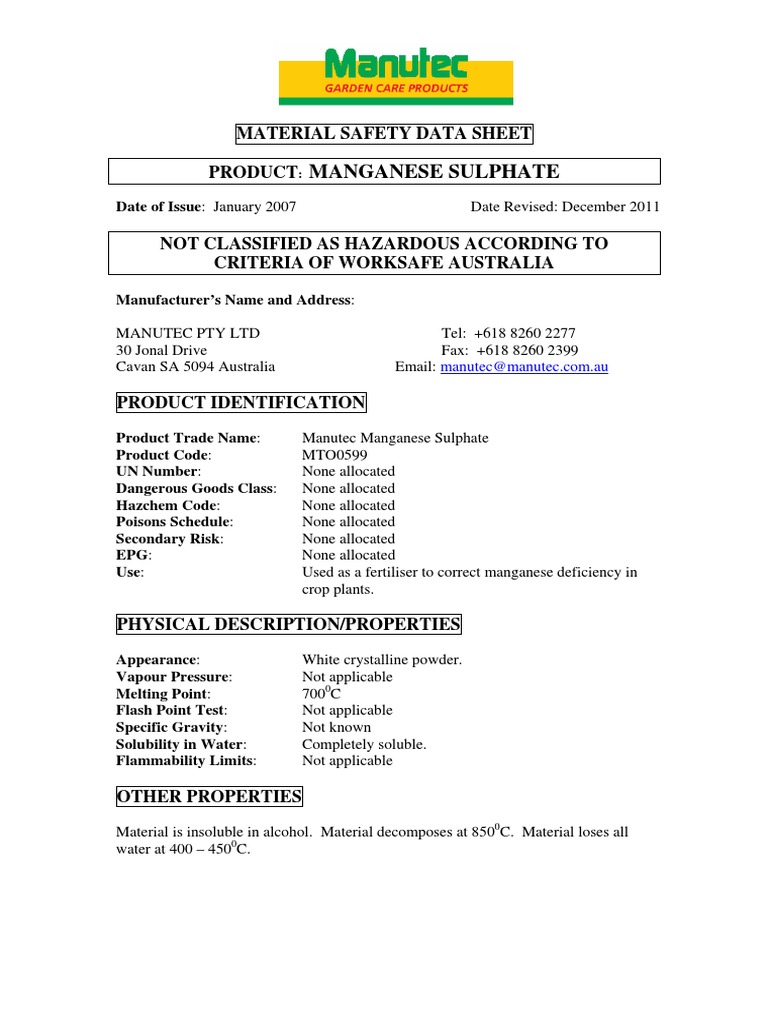 Manganese Sulphate MSDS | PDF | Toxicity | Manganese